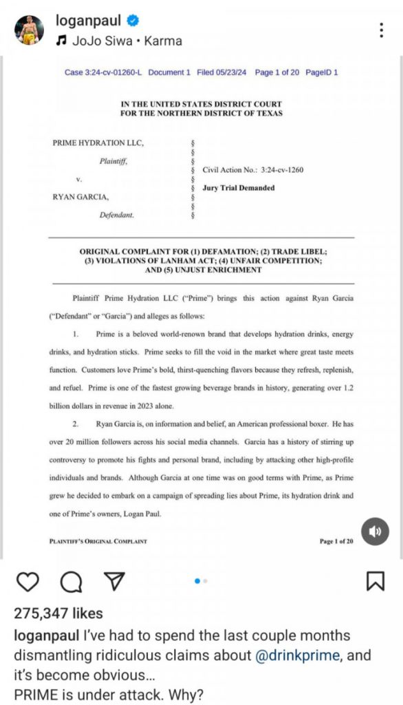 Ryan Garcia criticizes PRIME, Logan takes legal action