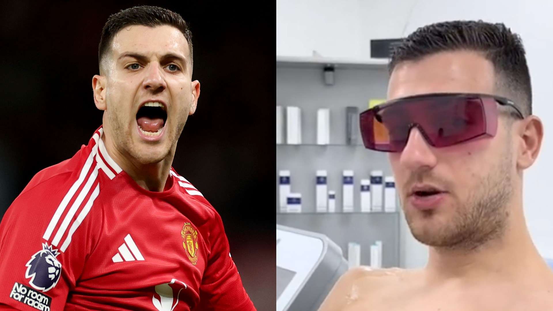 Topless Dalot sports futuristic glasses during bizarre laser procedure